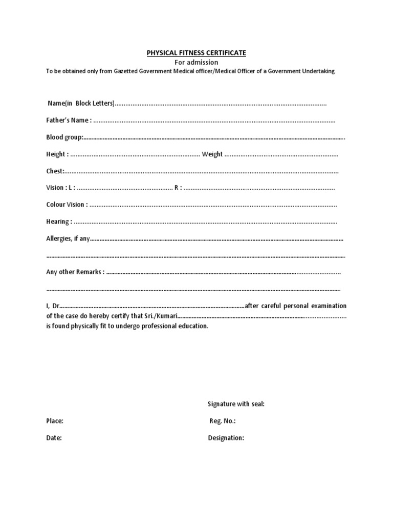 Physical Fitness Certificate: For Admission | PDF