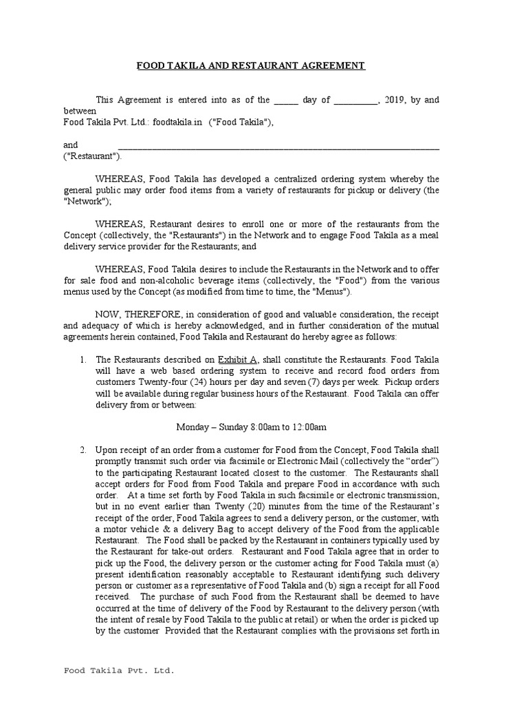 Food Takila & Restaurant Agreement | PDF | Liability Insurance | Indemnity