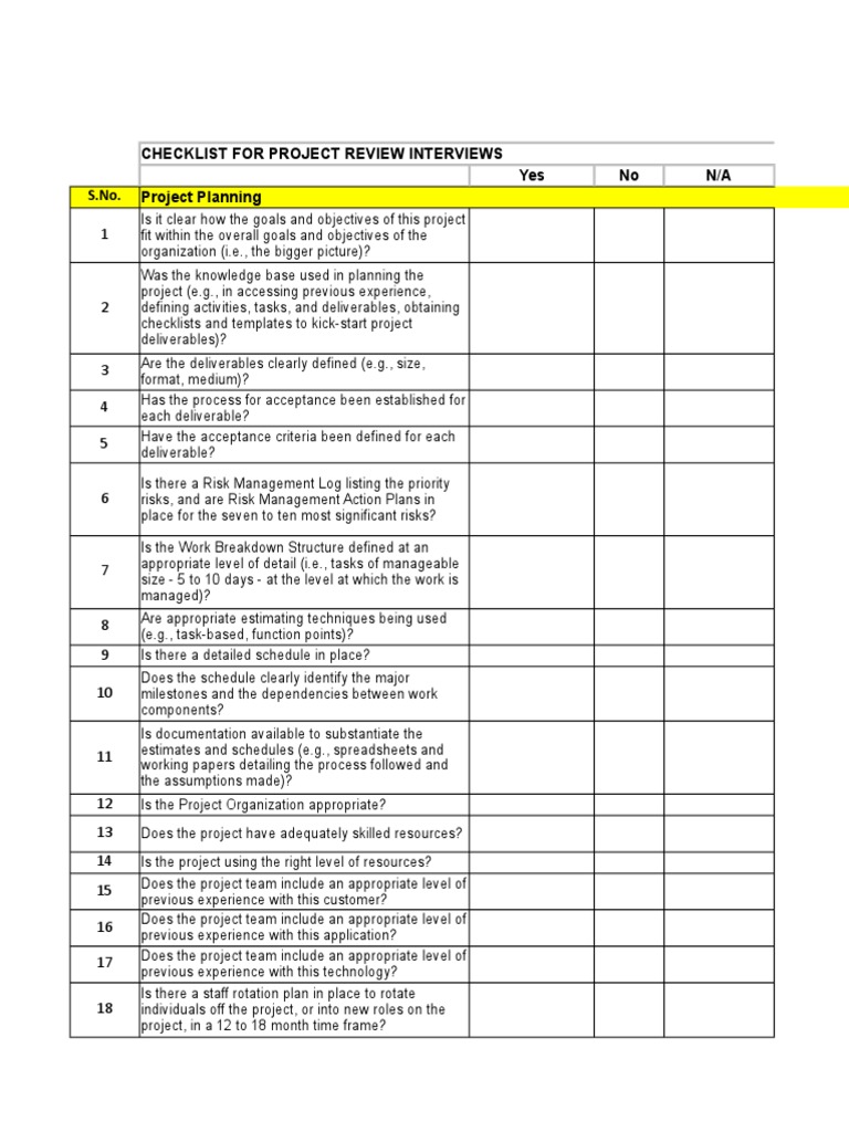 Checklist For Project Review Interviews Yes No N/A S.No. Project ...