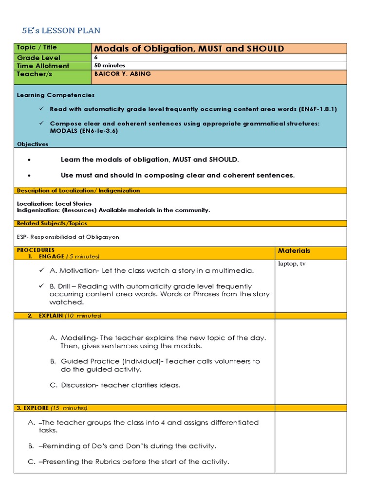 Modals of Obligation, MUST and SHOULD: 5E'S Lesson Plan | PDF | Lesson ...