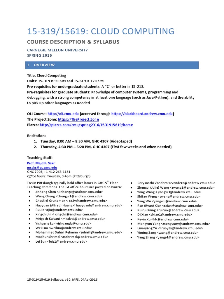 CMU Cloud Computing Course Syllabus | PDF | Virtual Machine | Cloud Computing
