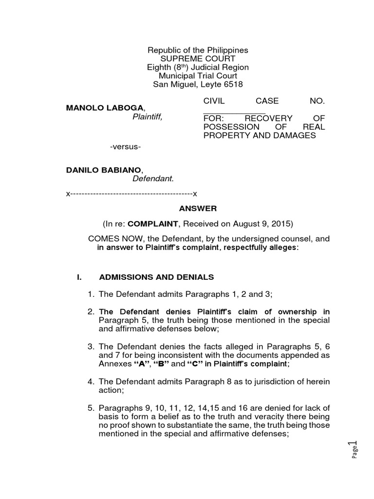 Sample Answer to Civil Complaint | PDF | Notary Public | Complaint