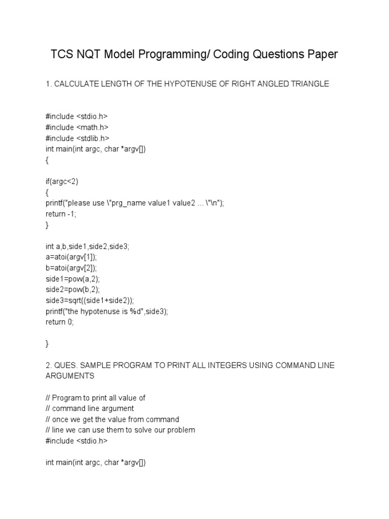 TCS NQT Model Programming Coding Questions Paper | PDF | Parameter ... TCS NQT Model Programming Coding Questions Paper | PDF | Parameter ...