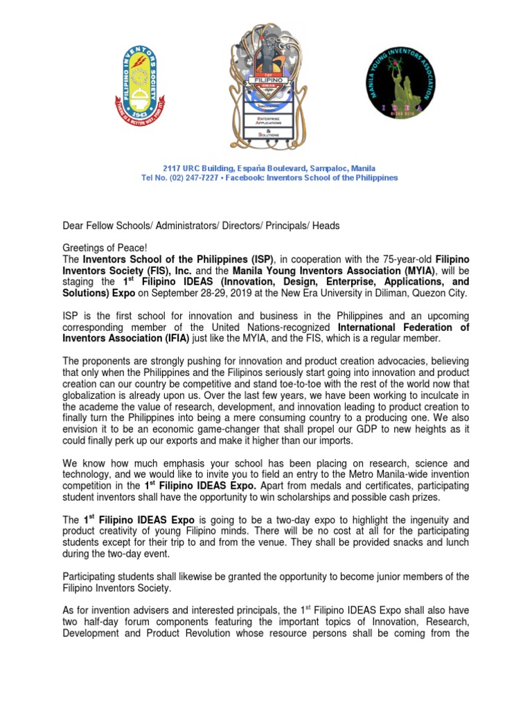 1st Filipino IDEAS Expo InvitationLetter | PDF | Invention | Philippines