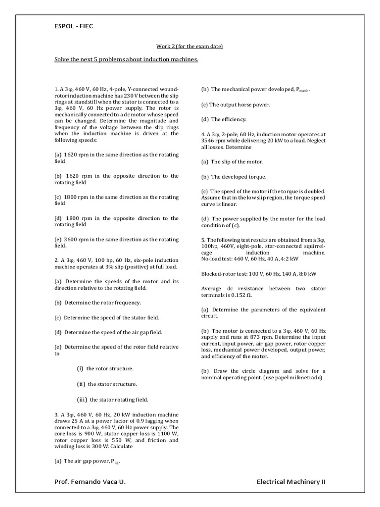 ESPOL - FIEC Induction Machine Problems | PDF | Electric Motor | Electrical Components