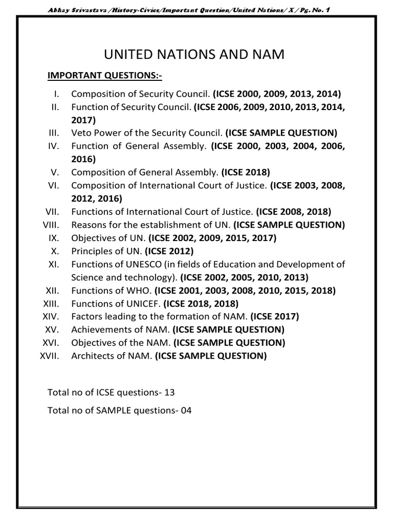 Important Questons (History Civics) United Nations | PDF | Technology ...