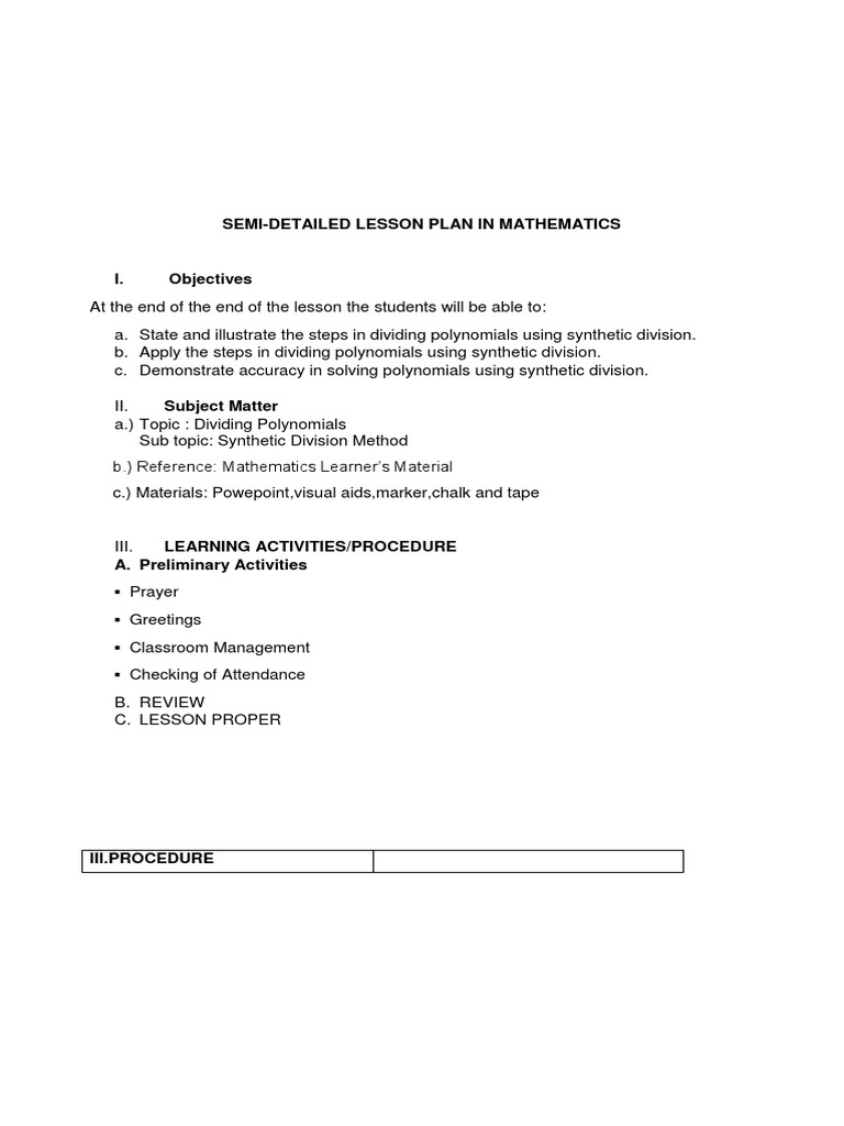 Synthetic Division Lesson Plan | PDF | Mean | Classroom Management
