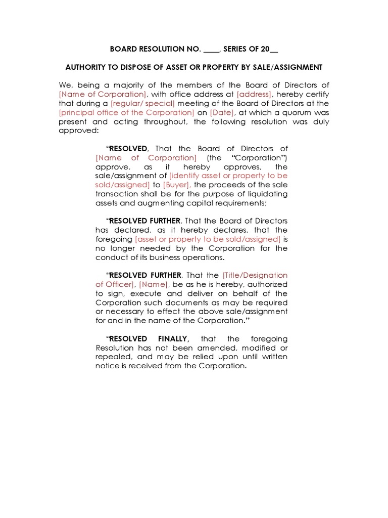 Board Resolution - Authority To Sell Assign Asset or Property | PDF