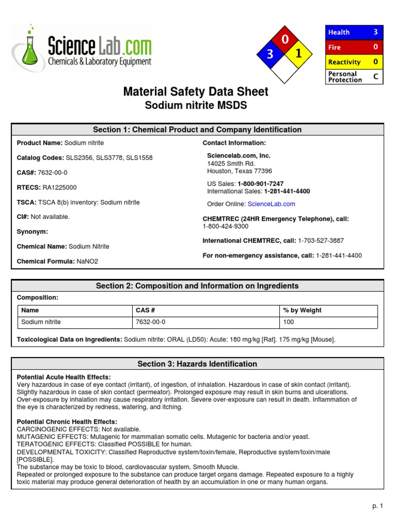Msds of Sodium Nitrite | PDF | Explosion | Toxicity