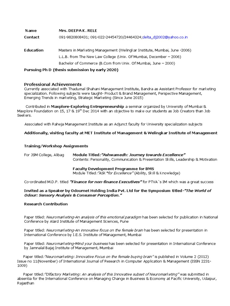 Resume of Deepa Rele Final | PDF | Marketing | Marketing Communications