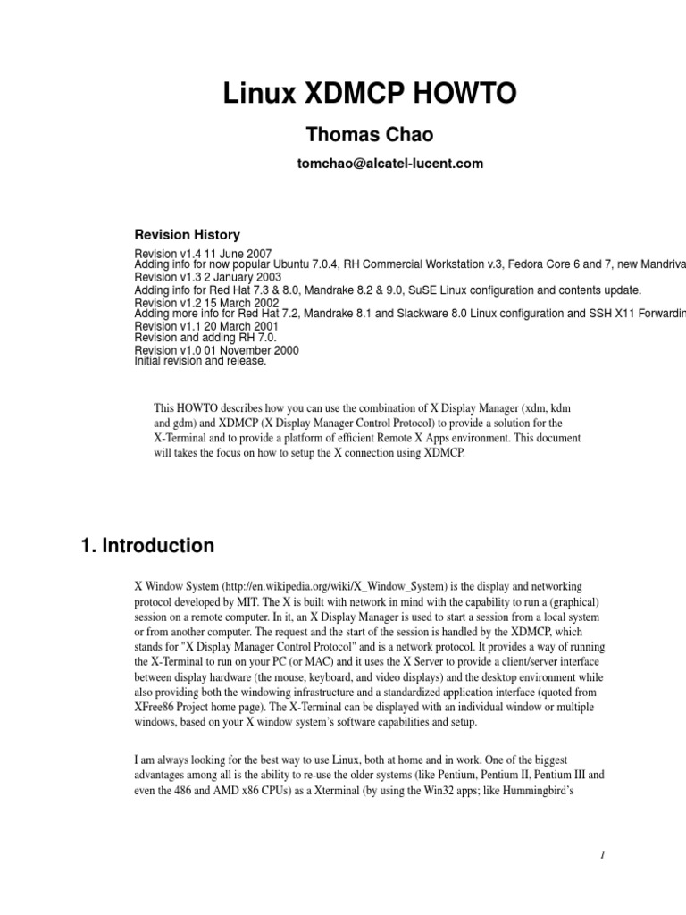 Linux XDMCP Howto: Thomas Chao | PDF | Secure Shell | Firewall (Computing)