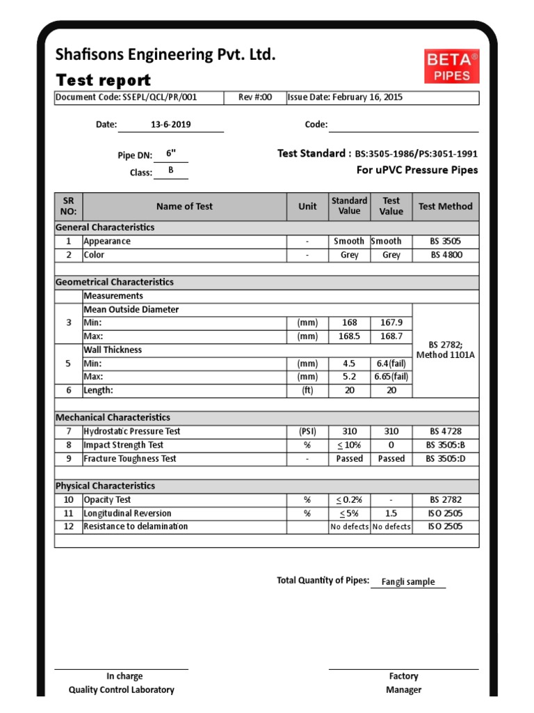 Shafisons Engineering Pvt. LTD.: Test Report | Download Free PDF | Pipe ...