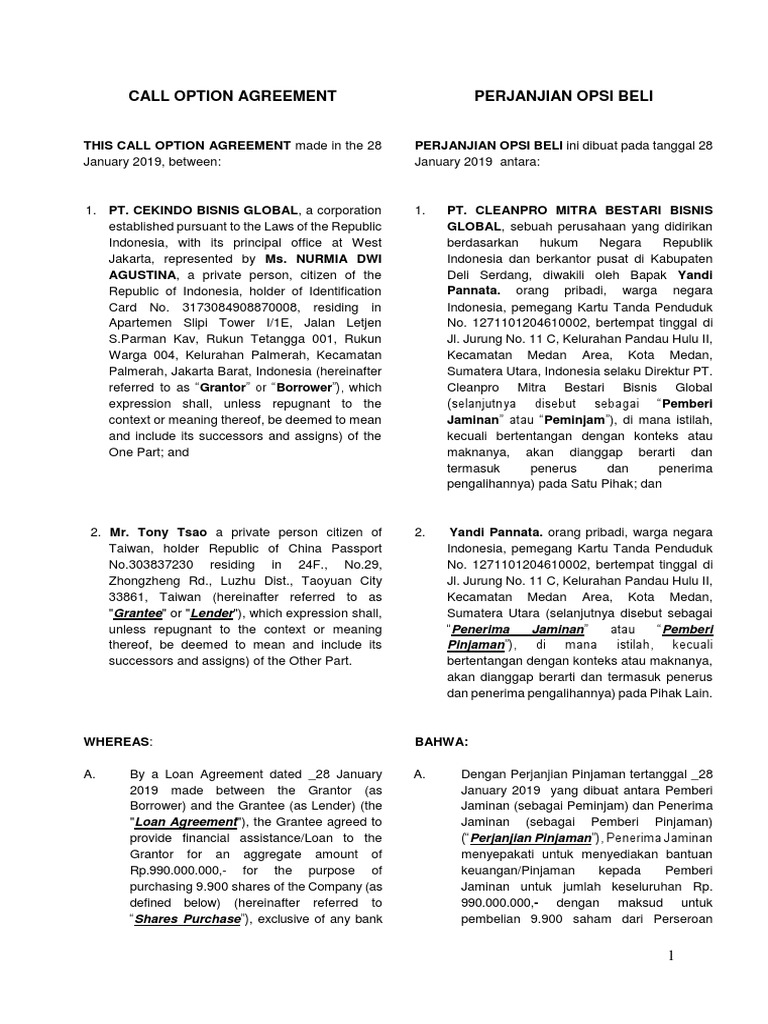 Call Option Agreement | PDF