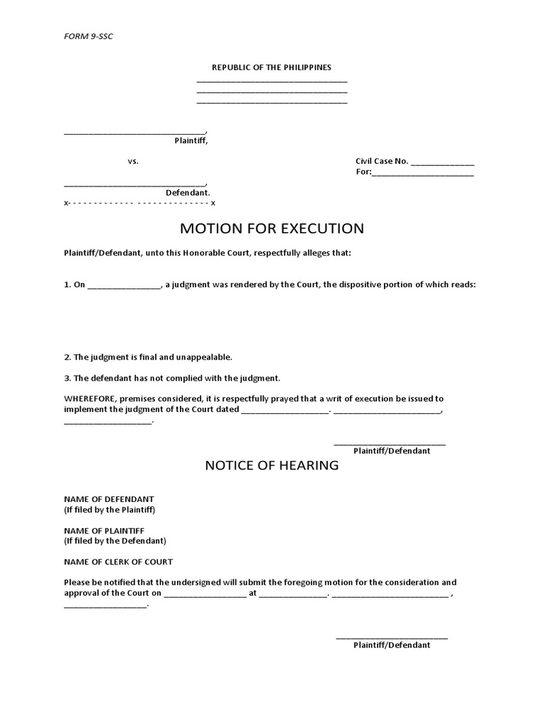 Motion for Execution of Court Judgment and Notice of Hearing | PDF