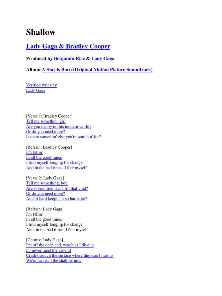 Shallow: Lady Gaga & Bradley Cooper | PDF | Language Arts & Discipline