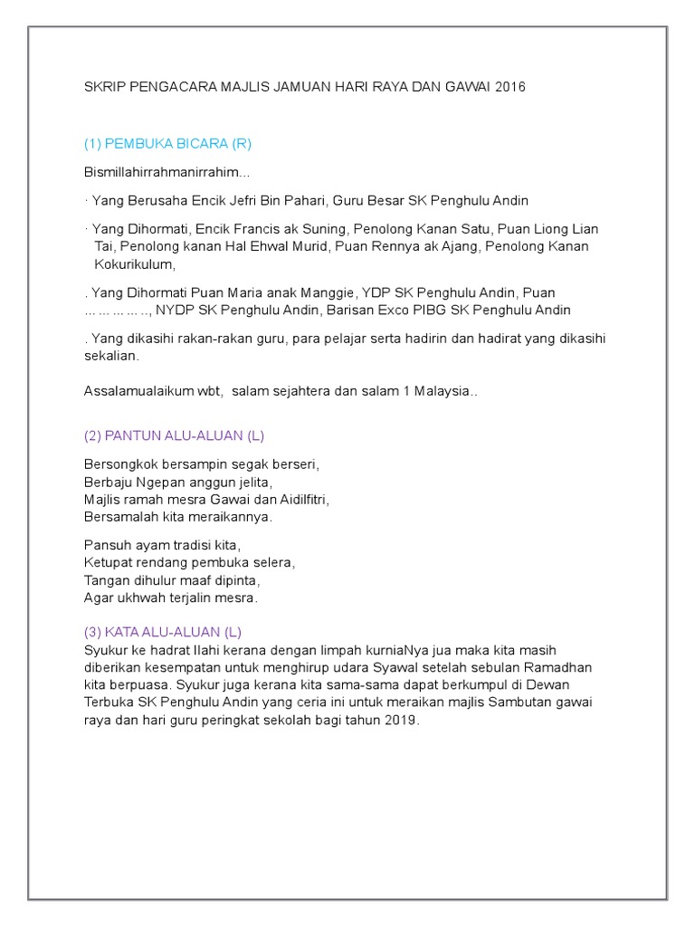 Skrip Pengacara Majlis Jamuan Hari Raya Dan Gawai 2016 | PDF