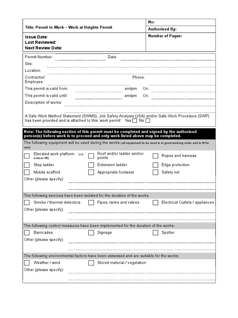 A Comprehensive Work at Heights Permit | PDF | Safety | Nature