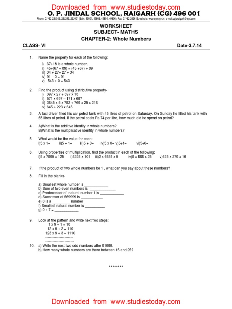 CBSE Class 6 Whole Numbers Worksheet | PDF | Natural Number | Arithmetic