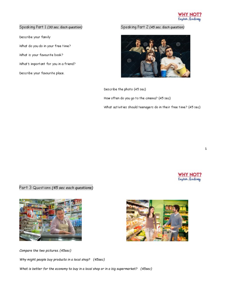 Speaking Part 1 Speaking Part 2: (30 Sec. Each Question) (45 Sec. Each ...