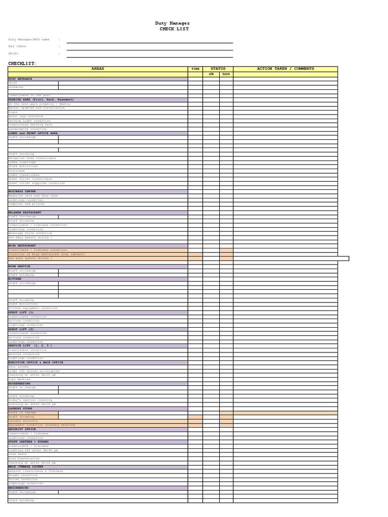 Hotel Duty Manager Checklist | PDF | Kitchen | Elevator