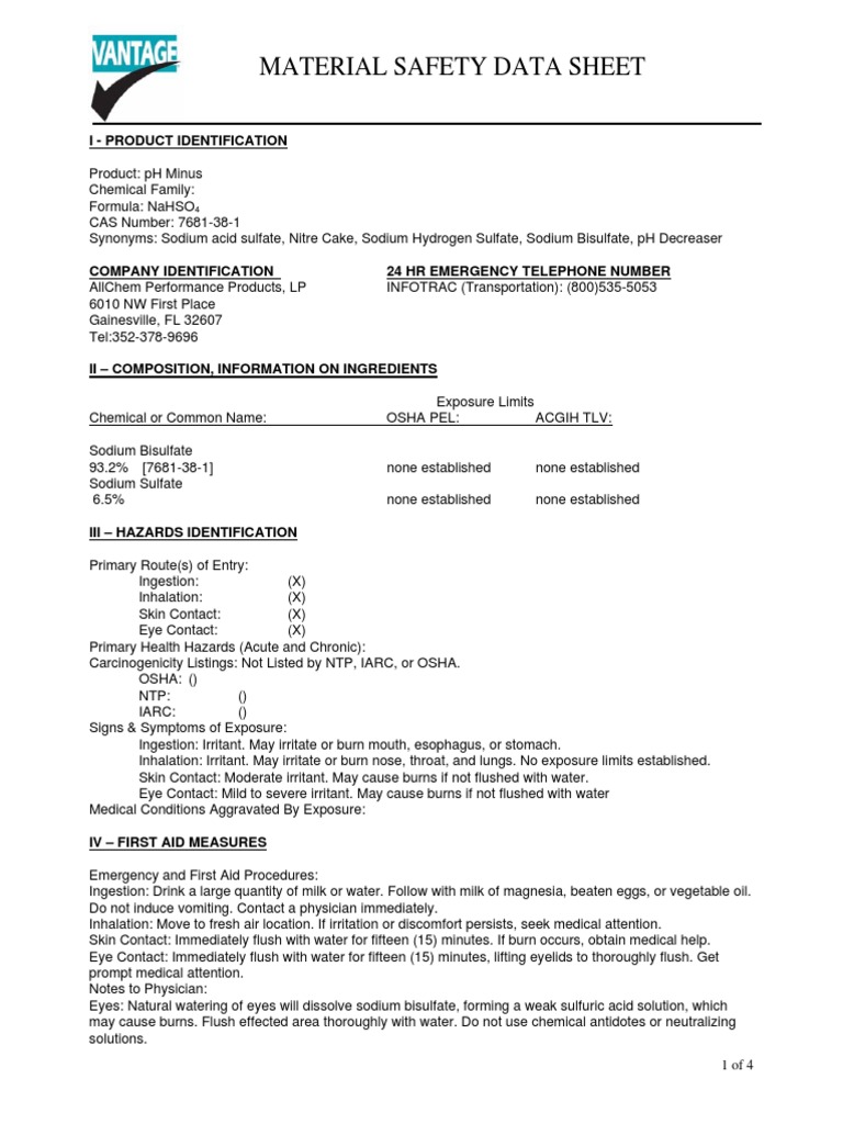 MATERIAL SAFETY DATA SHEET PH Minus | PDF | Sulfuric Acid | Toxicity