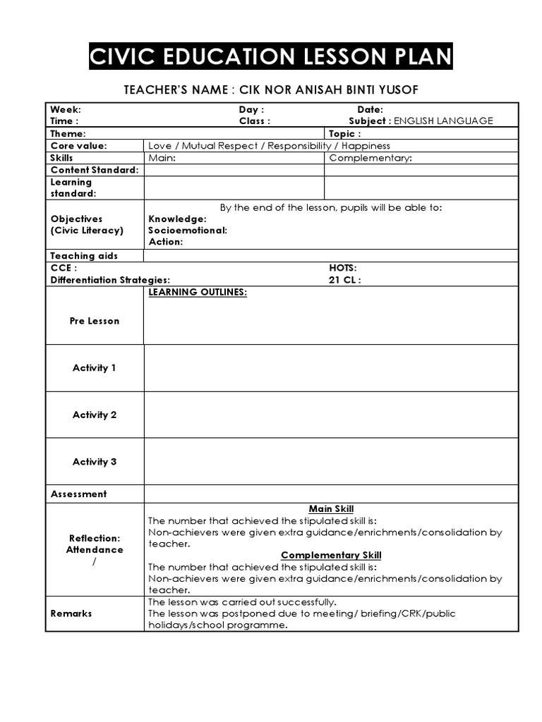 Civic Education Lesson Plan Template For English Subject (Y1-Y3) | PDF