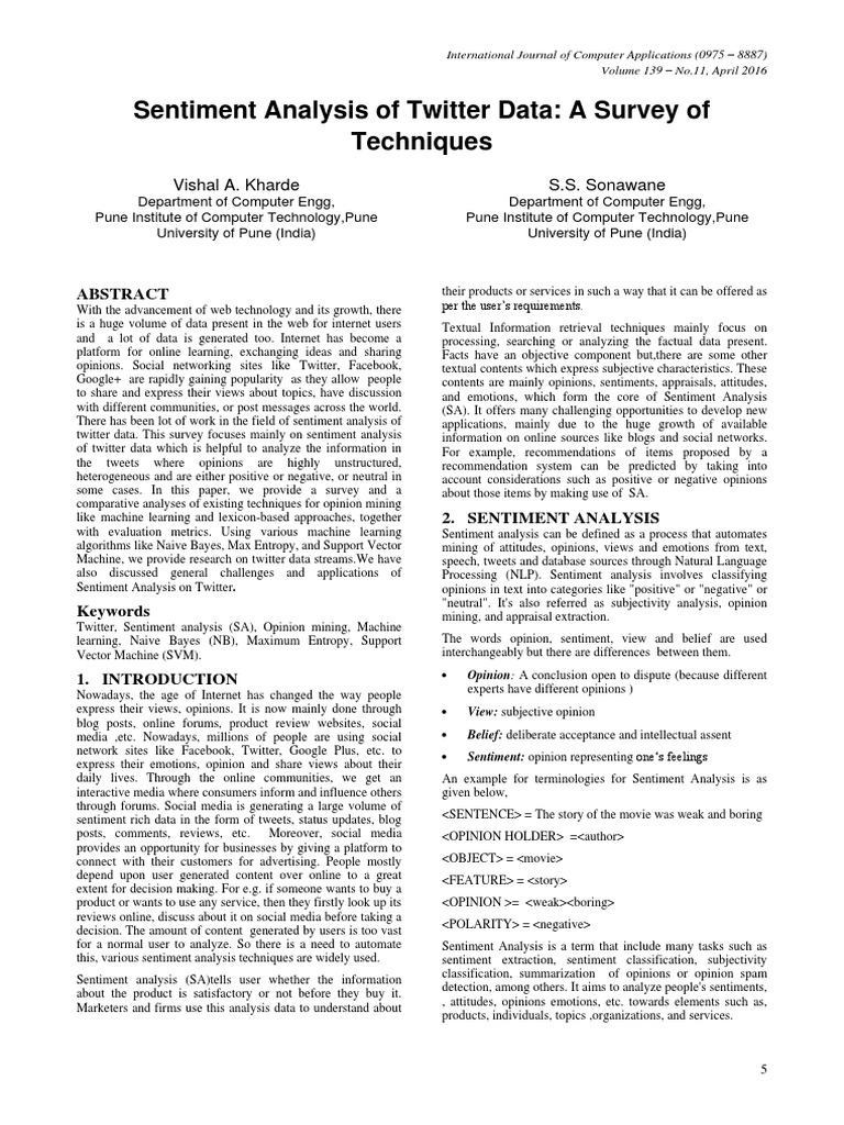 Sentiment Analysis of Twitter Data: A Survey of Techniques: Vishal A. Kharde S.S. Sonawane | PDF ...