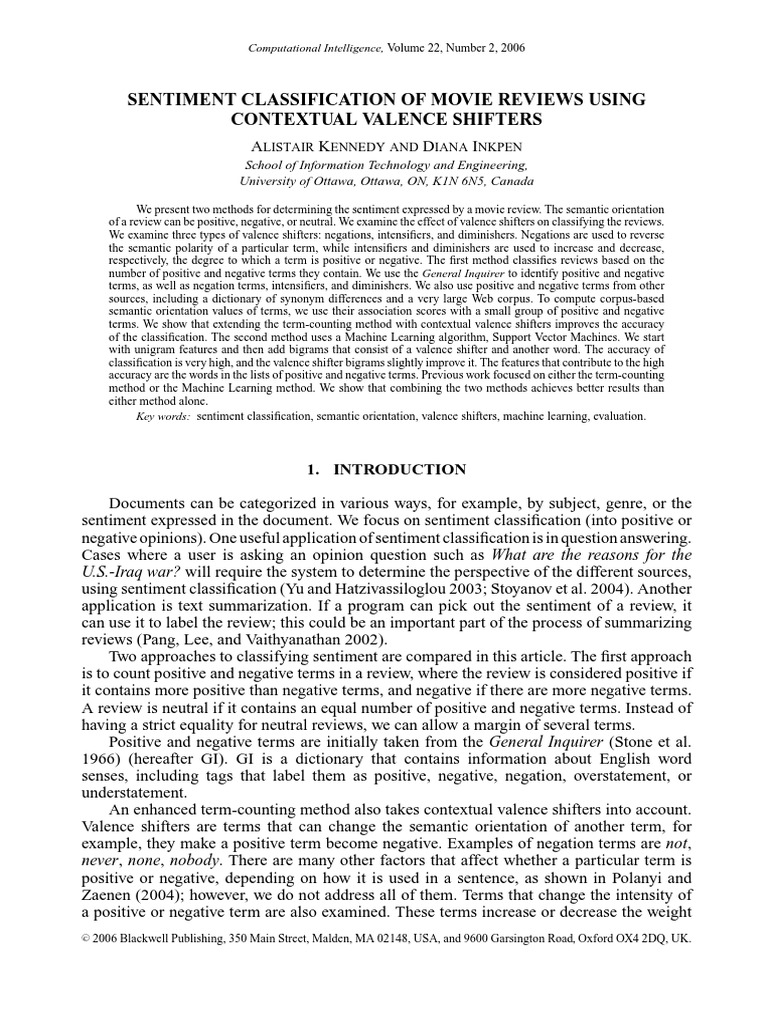 Sentiment Classification of Movie Reviews Using Contextual Valence Shifters | PDF | Statistical ...