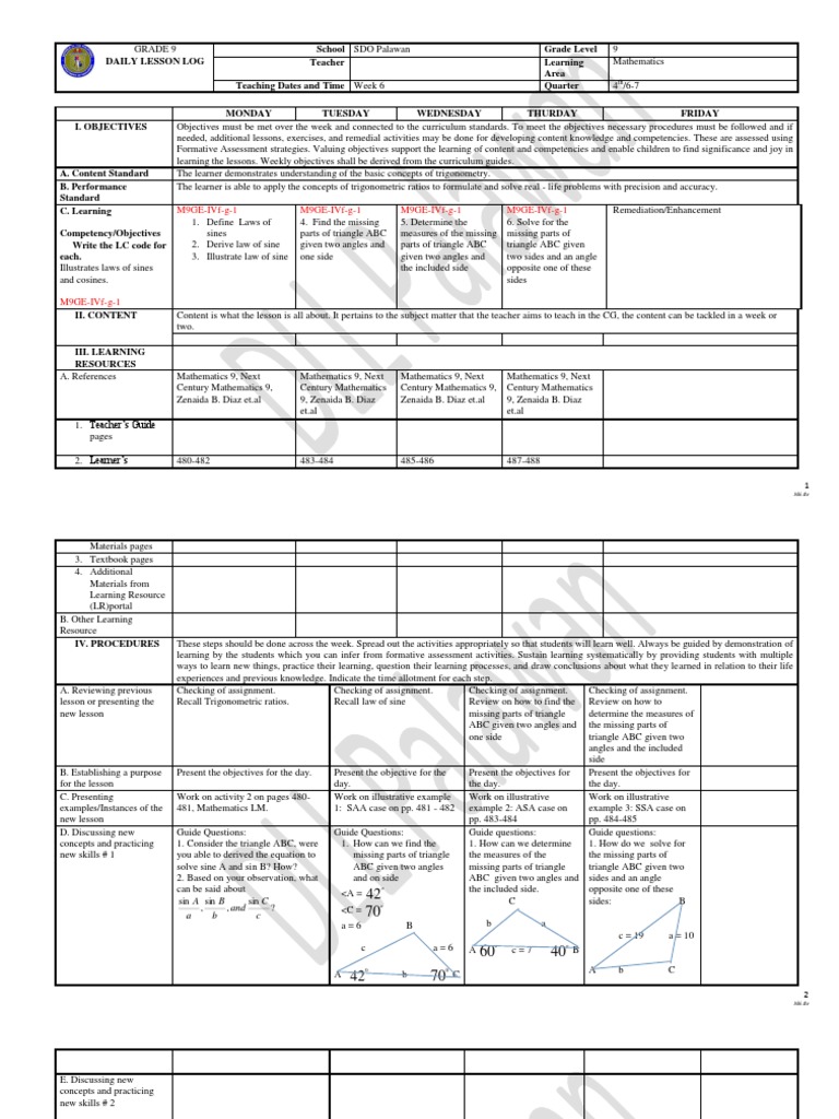 Grade 9 Math DLL: Quarter 4 Plans | PDF | Trigonometric Functions ...