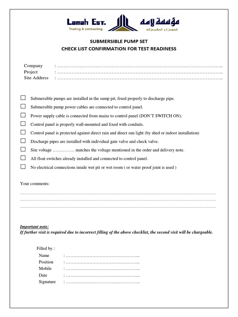 Readiness Checklist for Testing Submersible Pump Set Installation | PDF