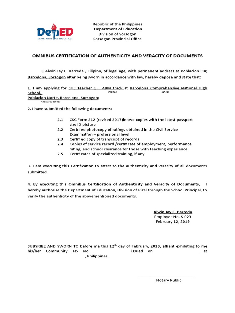 Omnibus Certification of Authenticity and Veracity of Documents | PDF