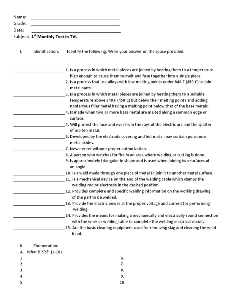 First Monthly Test in TVL | PDF | Welding | Construction