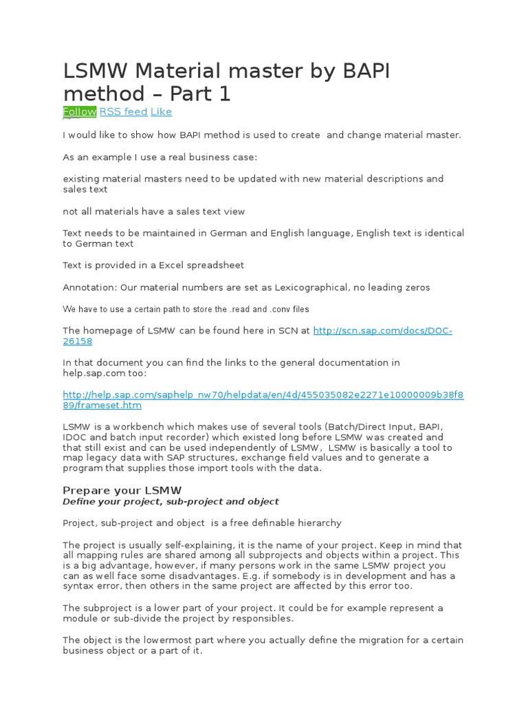 LSMW Material Master by BAPI Method | PDF | Text File | Computer File