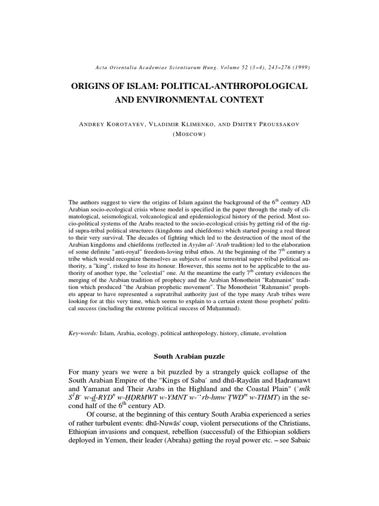 Origins of Islam Political-Anthropological and Environmental Context ...