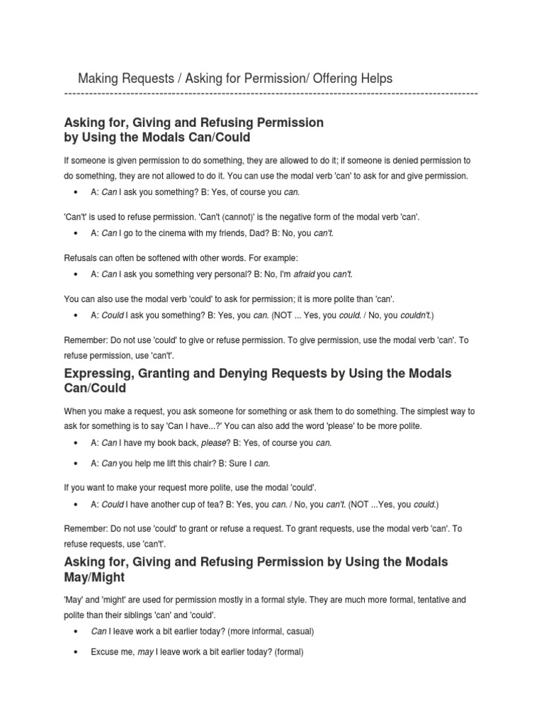 Asking For, Giving and Refusing Permission by Using The Modals Can ...