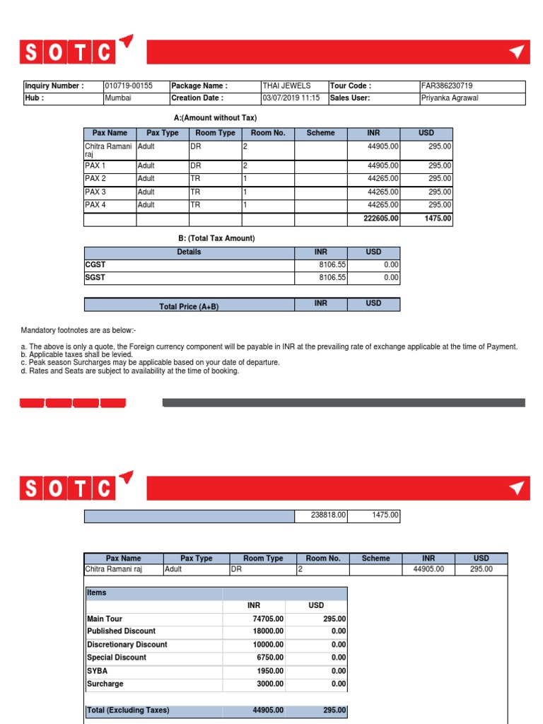 Inquiry Number: Package Name: Tour Code: Hub: Creation Date: Sales User ...