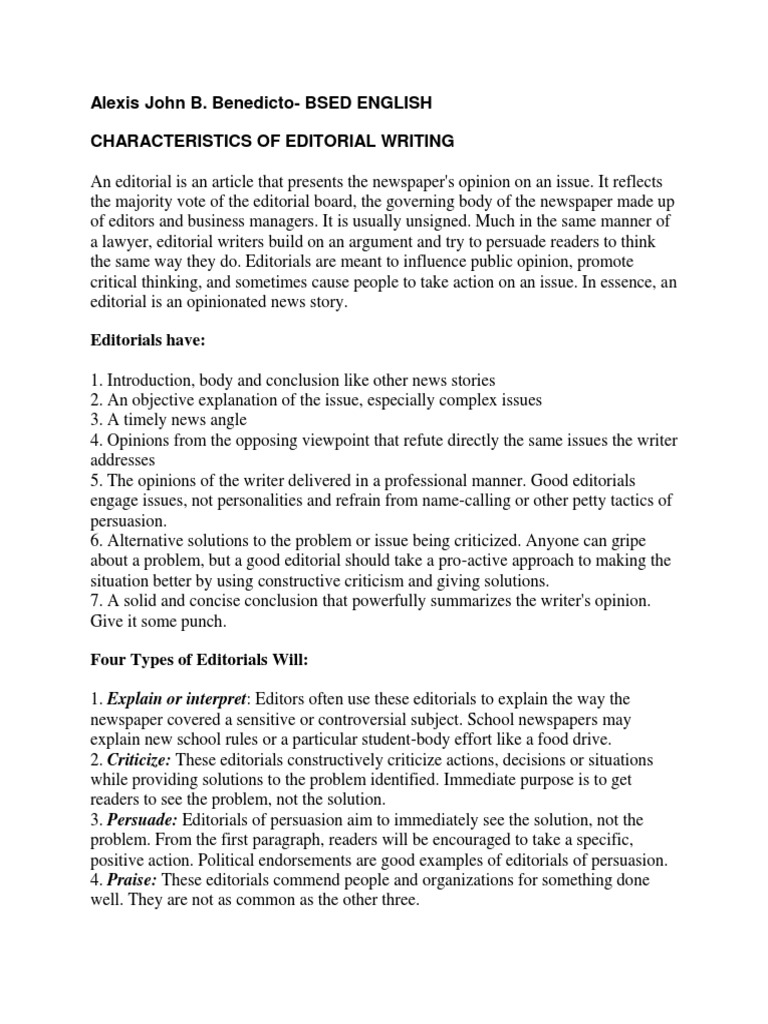 Alexis John B. Benedicto Characteristics of Editorial Writing | PDF ...