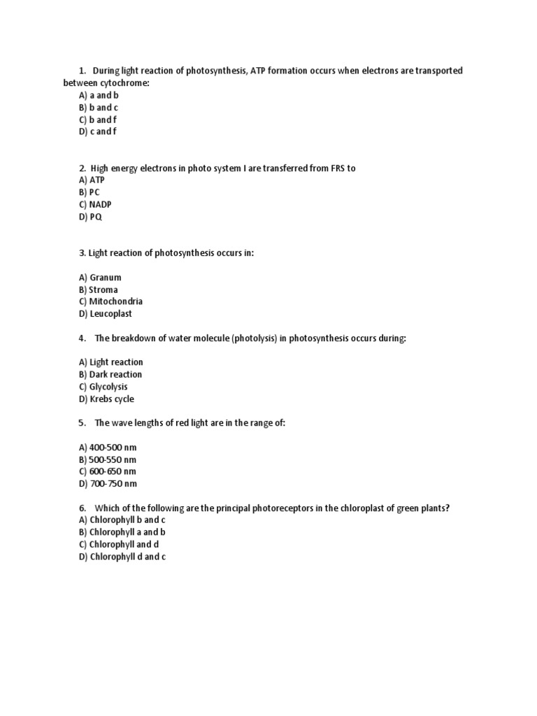 Multiple Choice Questions on Light Reaction and Key Processes of ...