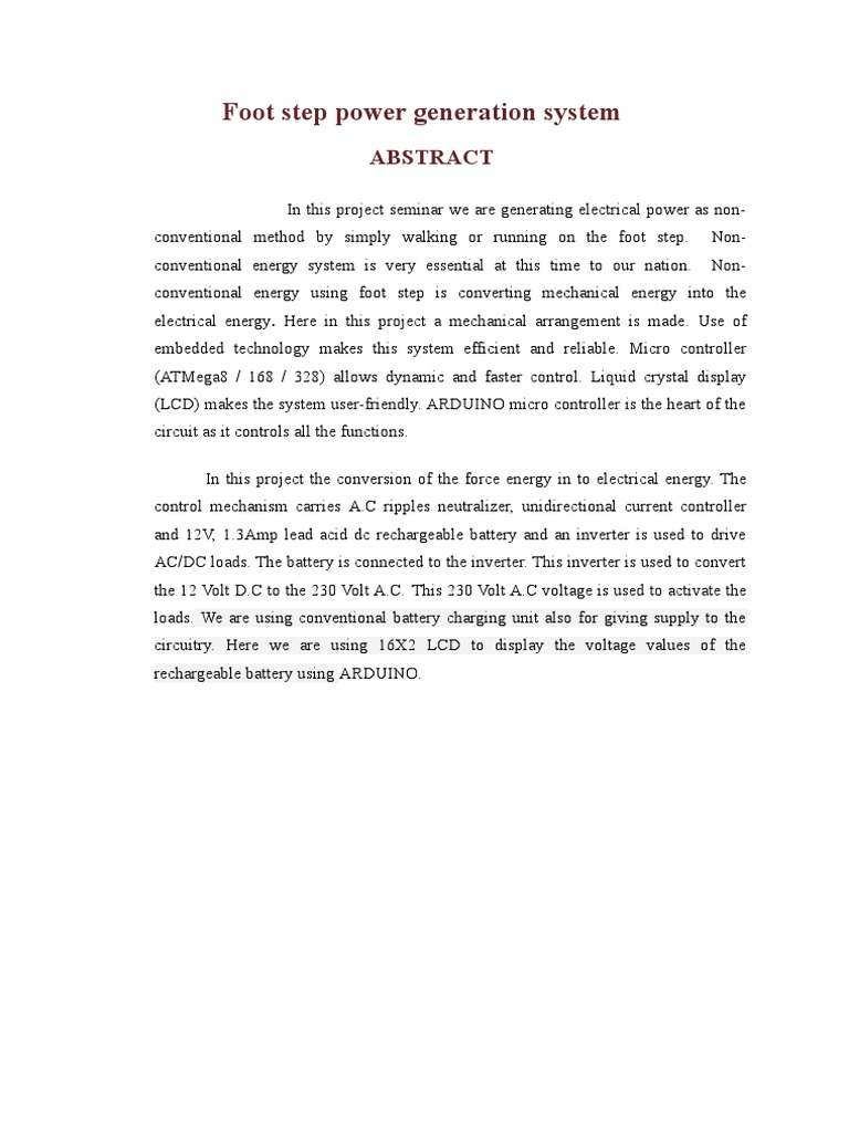 ARDUINO Based Foot Step Power Generation ABSTRACT | PDF | Power ...