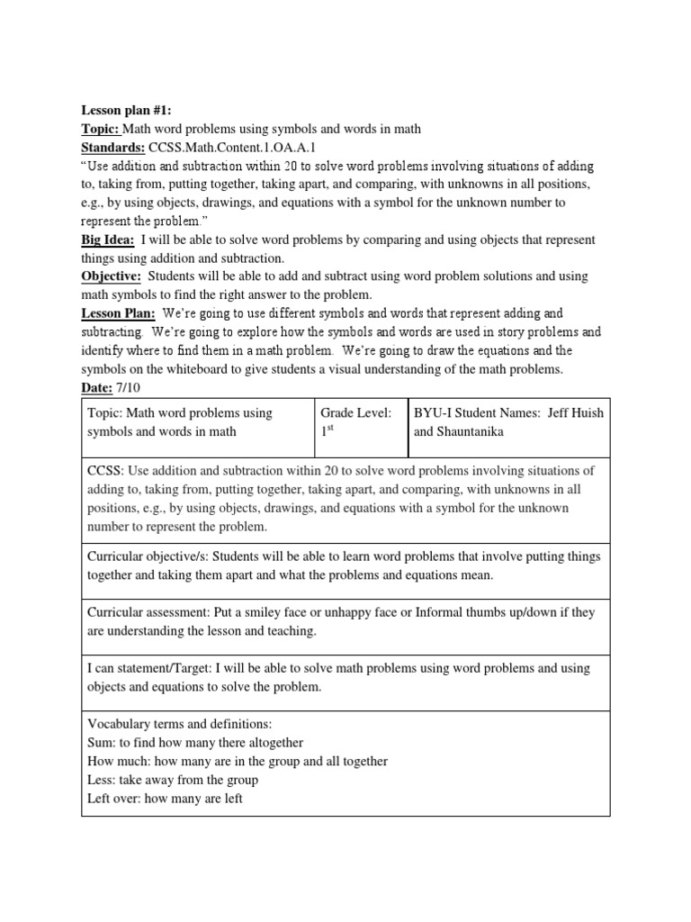 Lesson Plan 1 Assessments | PDF | Symbols | Teaching Mathematics