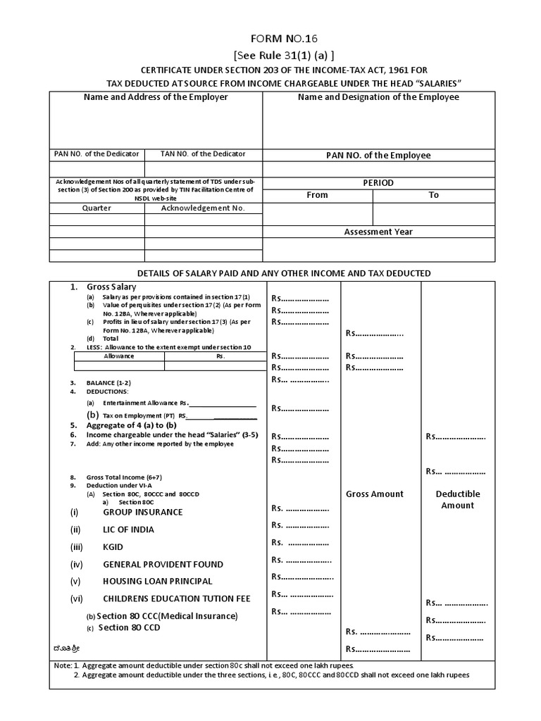Form No.16 (See Rule 31 (1) (A) ) | PDF | Employee Benefits | Salary