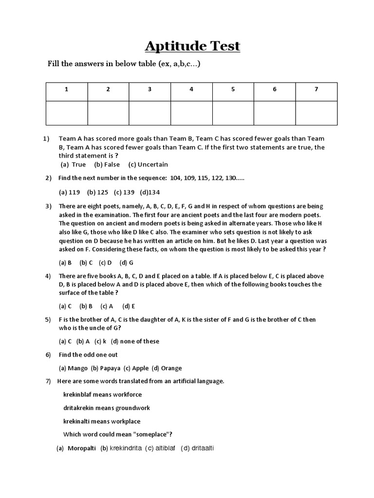 Aptitude Test: Fill The Answers in Below Table (Ex, A, B, C ) | PDF