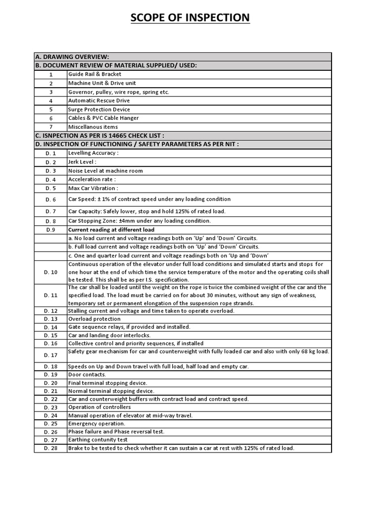 Lift Inspection Scope and Checklist | PDF | Elevator | Machines
