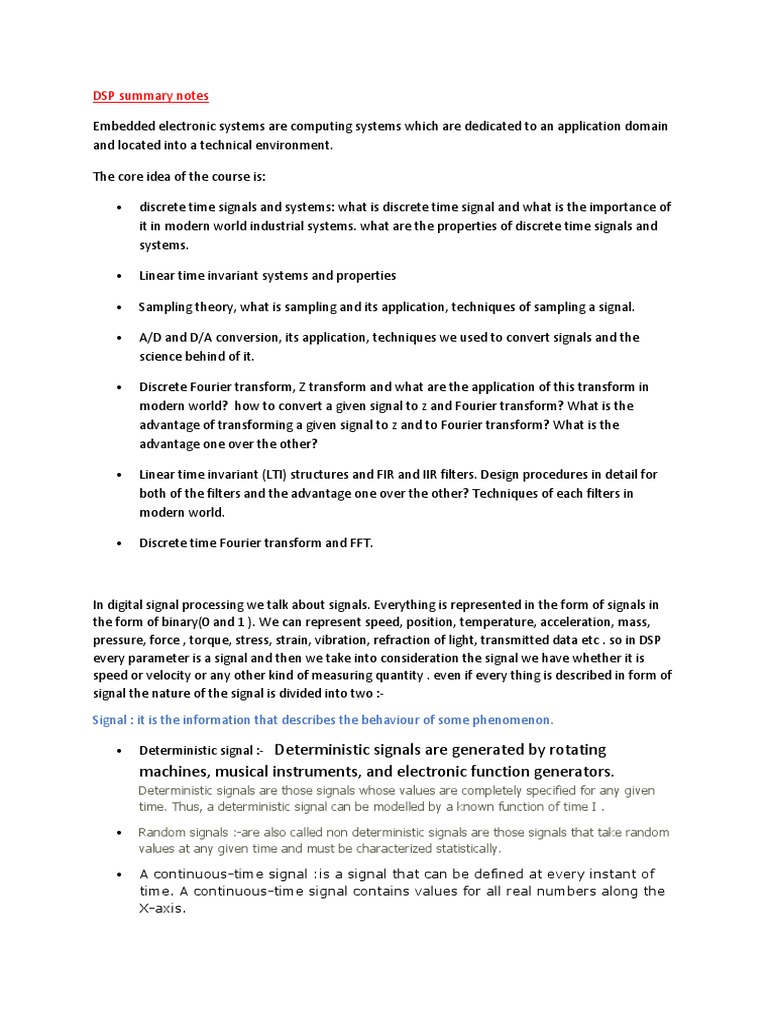 DSP Summary Notes | PDF | Digital Signal Processing | Algorithms