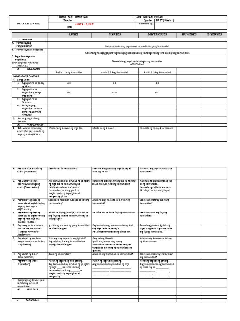 Week 1 DLL Grade 2 Quarter 1 | PDF
