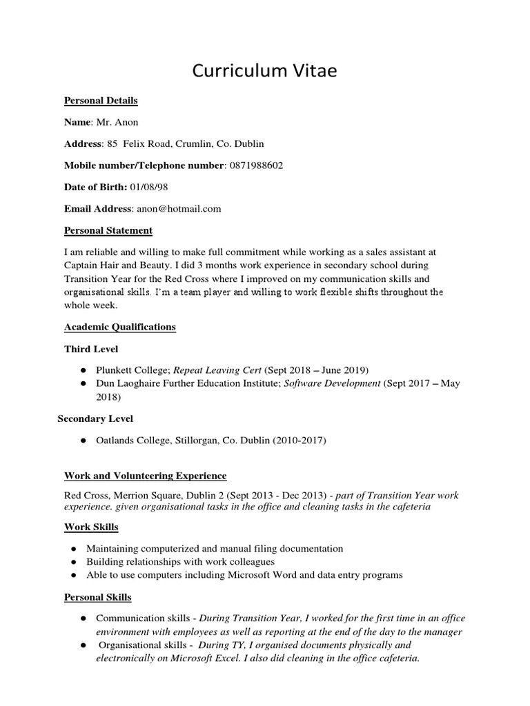 Curriculum Vitae Sample Answer | PDF