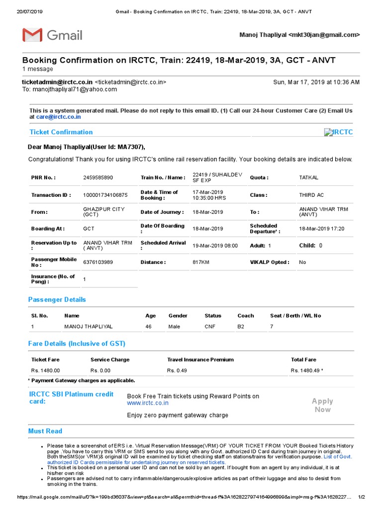 Gmail - Booking Confirmation On IRCTC, Train - 22419, 18-Mar-2019, 3A, GCT - ANVT | PDF | Ticket ...