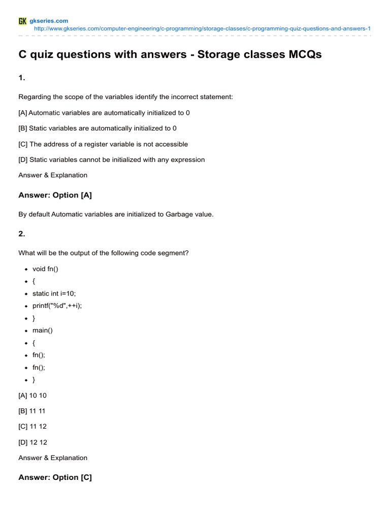C Storage Classes Quiz | PDF