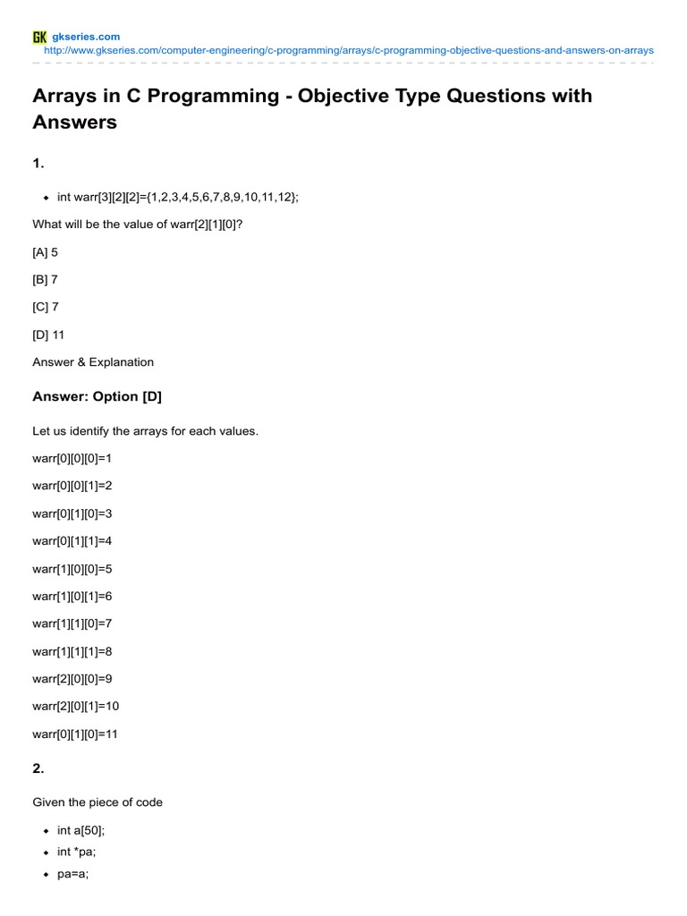 1 C Programming Arrays Download PDF | PDF | C (Programming Language ...