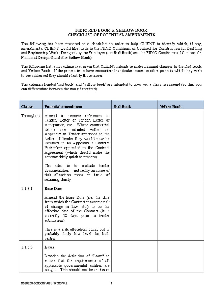 Fidic Red Book & Yellow Book Checklist of Potential Amendments ...